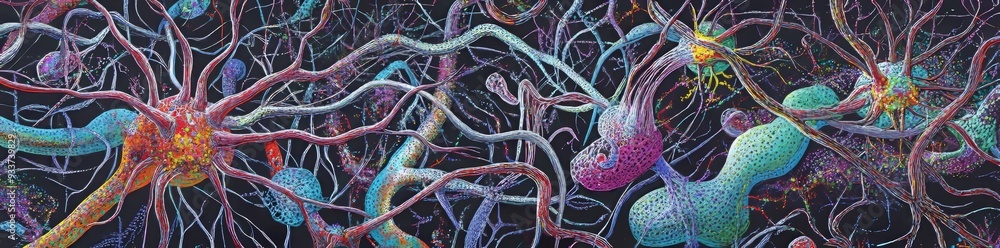 ภาพประกอบสต็อก An electron microscope image of neuron cell body ...