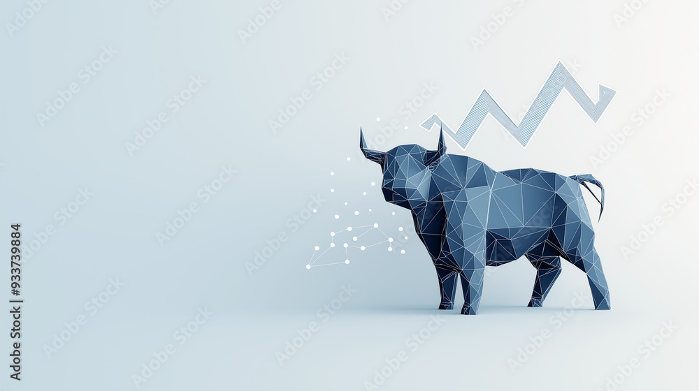 A blue background with an origami-style bull standing on its hind legs ...