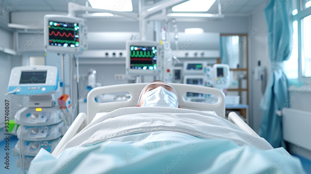 Patient lying in a hospital bed, surrounded by medical equipment and ...