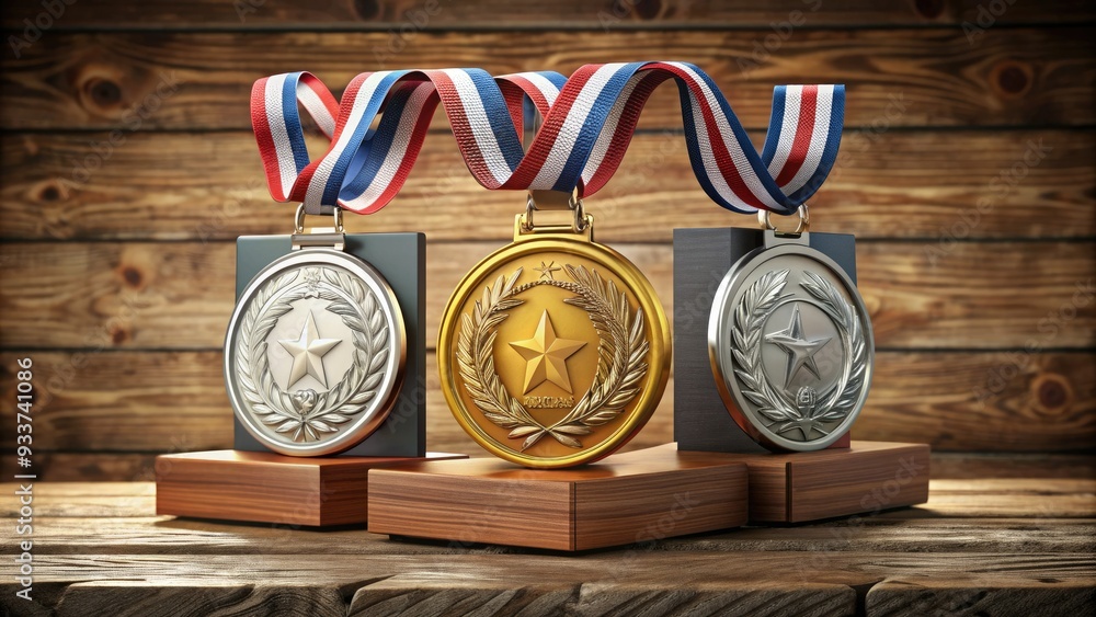 Shiny gold, silver, and bronze medals with intricate designs, sealed ...