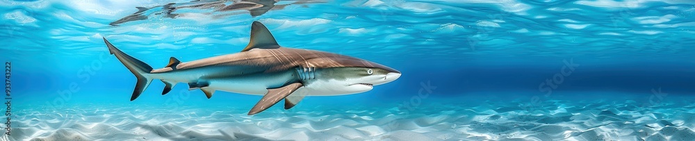 Photo & Art Print Shark swimming calmly in clear blue ocean waters with ...