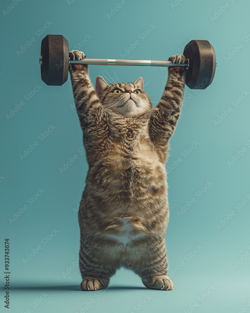 A determined tabby cat humorously lifting a barbell against a teal background, embodying ...