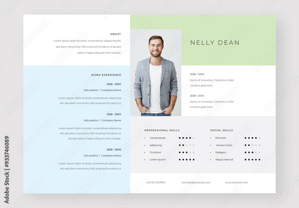 Horizontal Resume Layout With Blue and Green Accent Stock Template ...