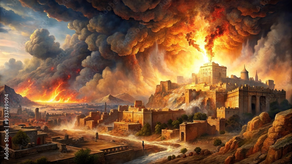 Destruction of Sodom and Gomorrah in a medium shot, religious, wrath ...