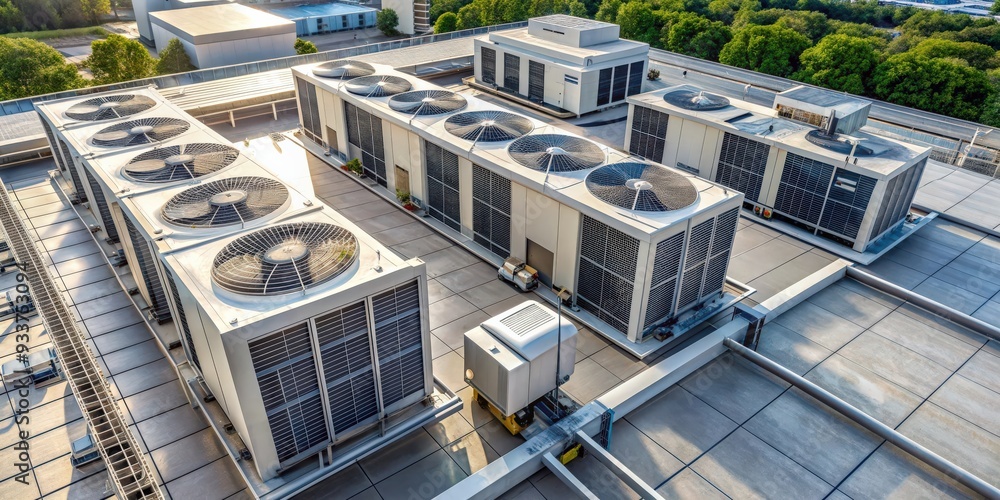 Aerial view of an advanced air conditioning system on the roof of a ...