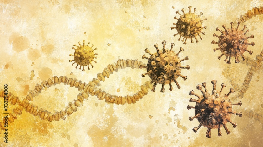 Watercolor depiction of cancer virus featuring a beige cancer gene and ...