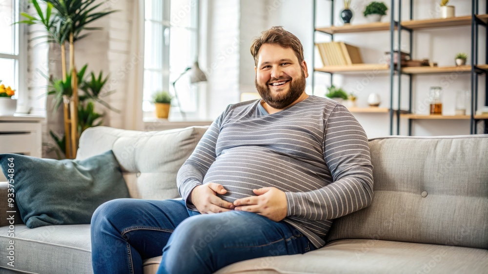 Smiling adult with rounded belly and heavier build sits comfortably on ...