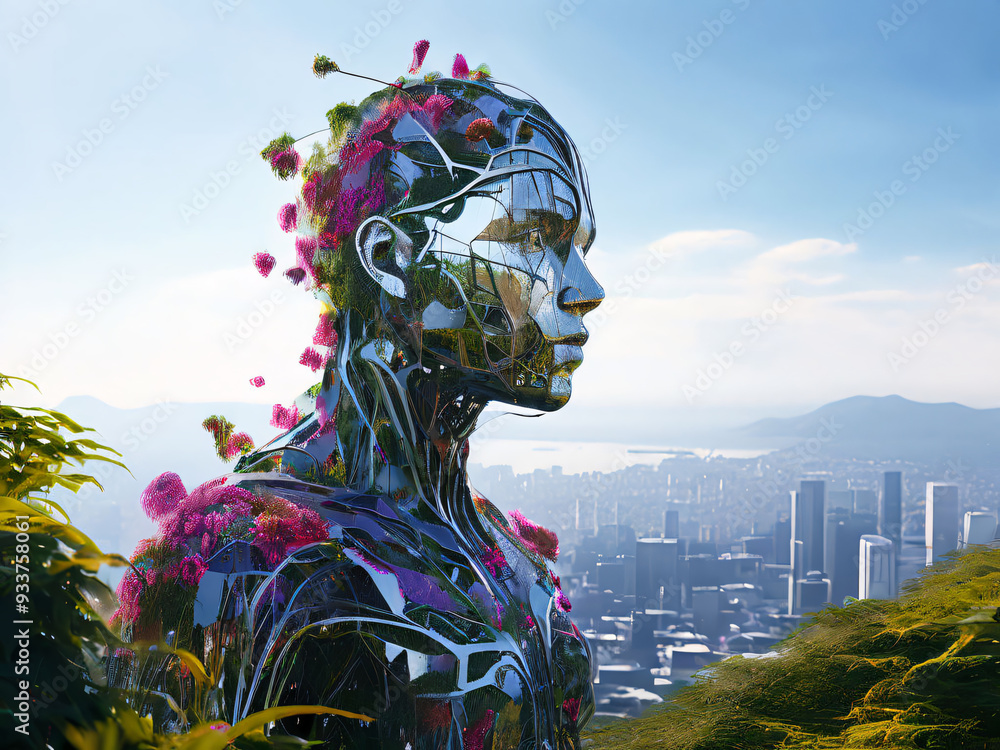 A stunning blend of nature and technology, depicting a colossal goddess ...