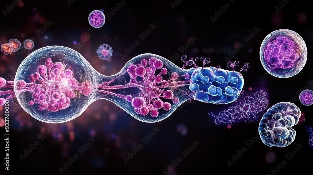 Digital illustration of mitosis process with colorful cells dividing ...