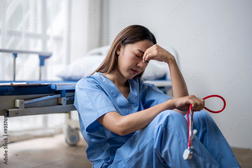 Young nurse feeling sad and discouraged sitting on the floor in ...