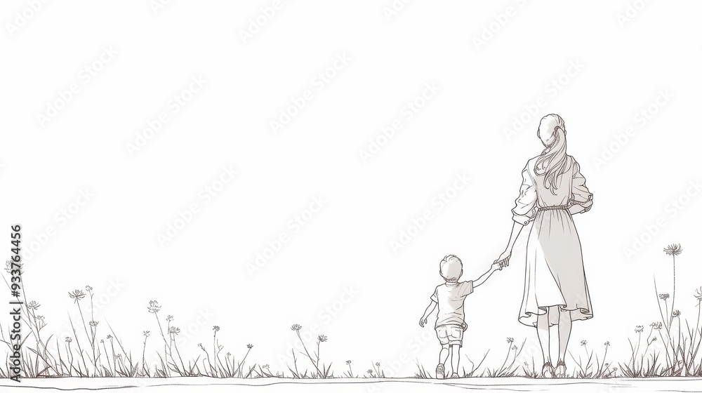 One Line Drawing of Mother and Son Holding Hands, Clean and Bold ...