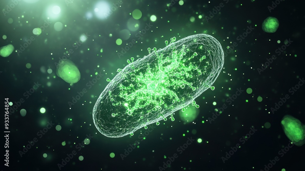 Microscopic view of green bacteria cell in dark background, depicting ...