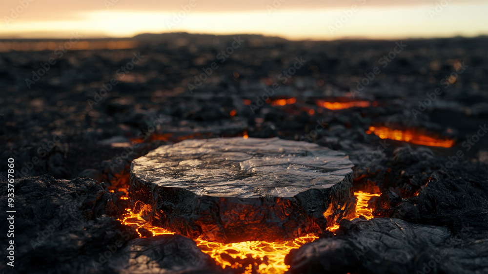 Round stone pedestal or podium in the middle of a hot lava surface. A ...