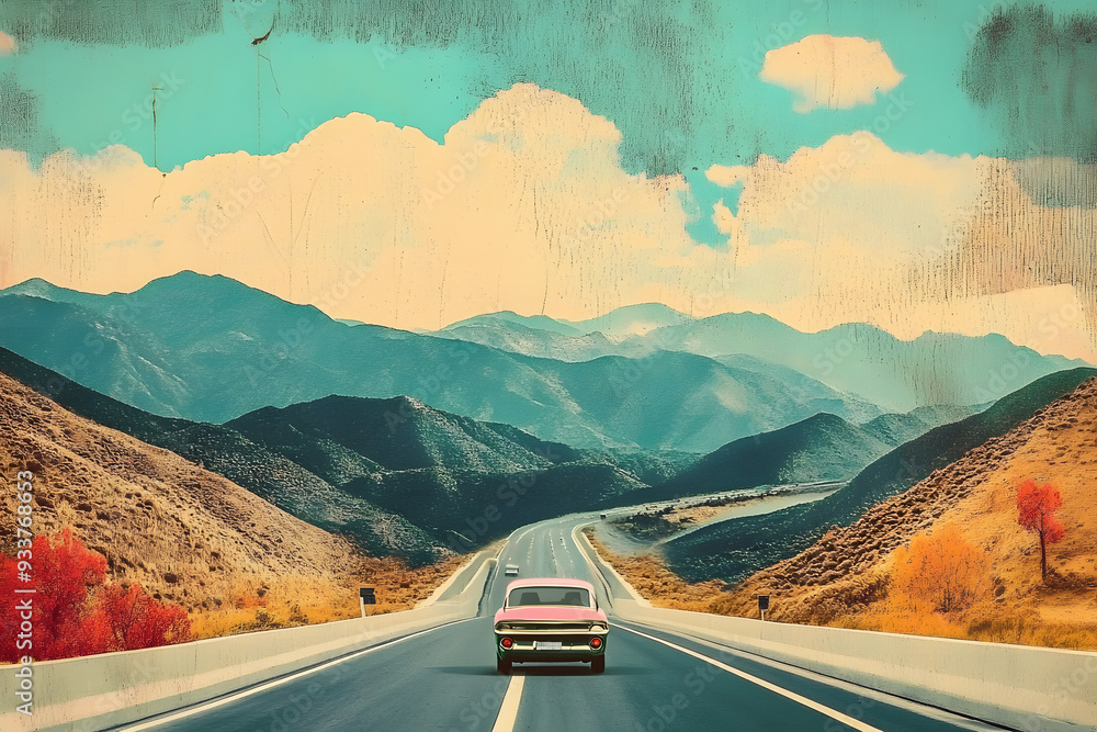 Collage Retro dreamy of a car driving on expressway through mountains ...