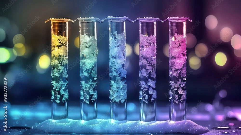 Iceencased test tubes with visible frost patterns, icy test tubes, cold ...