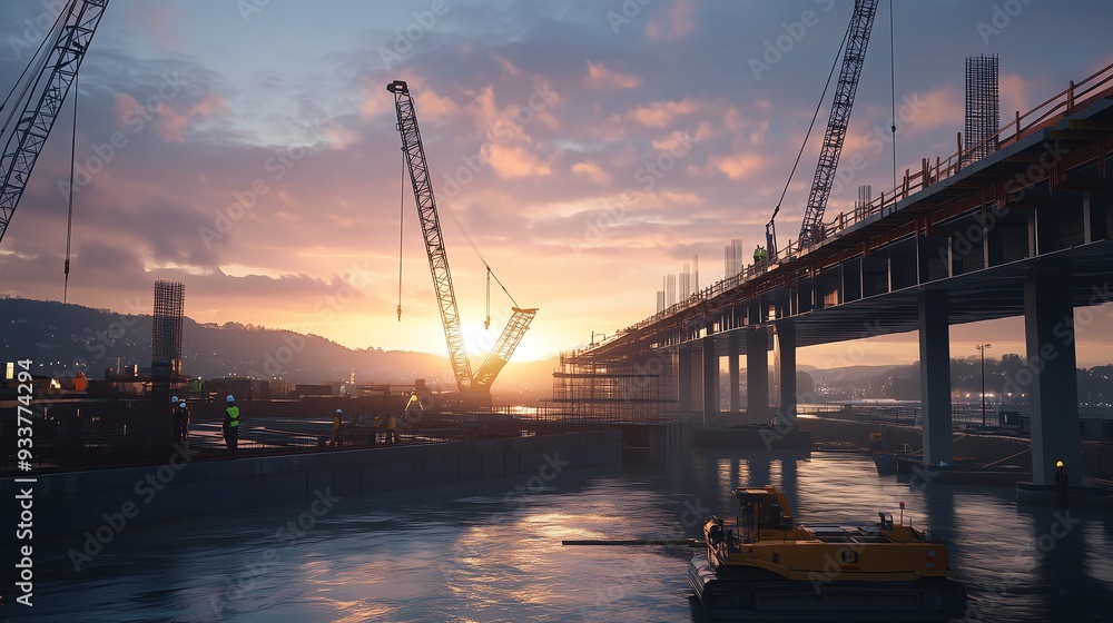 At a riverside construction site, workers are building a bridge using a ...