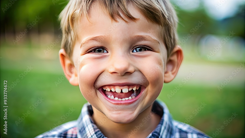 A cheerful young boy with a bright smile and missing front teeth ...
