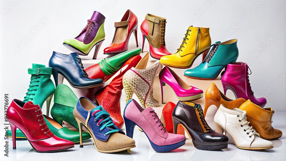 A colorful arrangement of trendy high-heeled shoes, sneakers, and boots ...