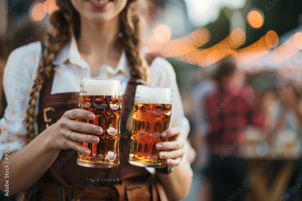 Female server carrying beer mugs, depicted in an Oktoberfest-themed ...