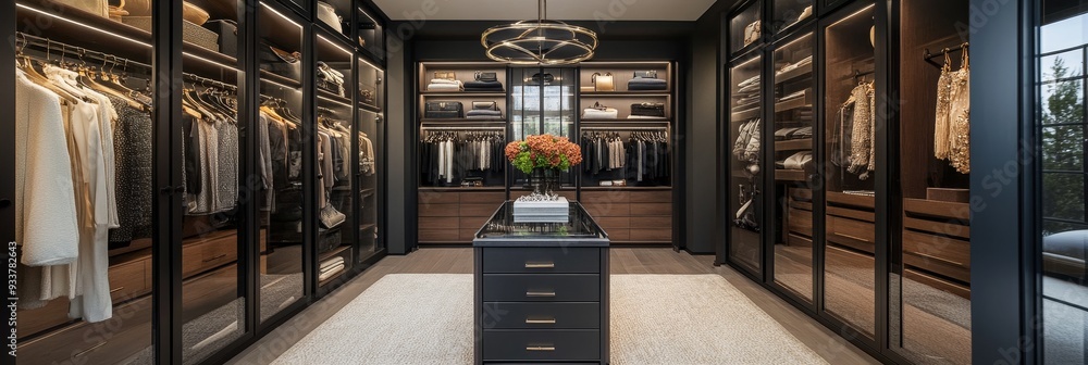 Modern Walk-in Closet with Glass Doors and Black Trim - A spacious walk ...