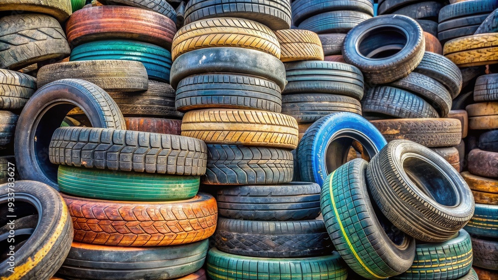 Stack of used tires in various sizes and conditions, Some with rims ...