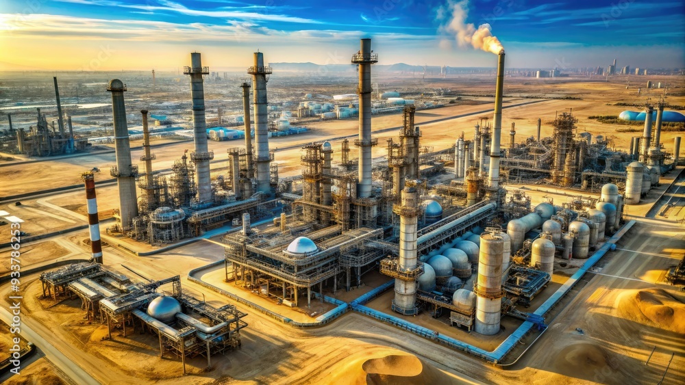 Aerial view of sprawling oil refinery complex in Middle Eastern desert ...