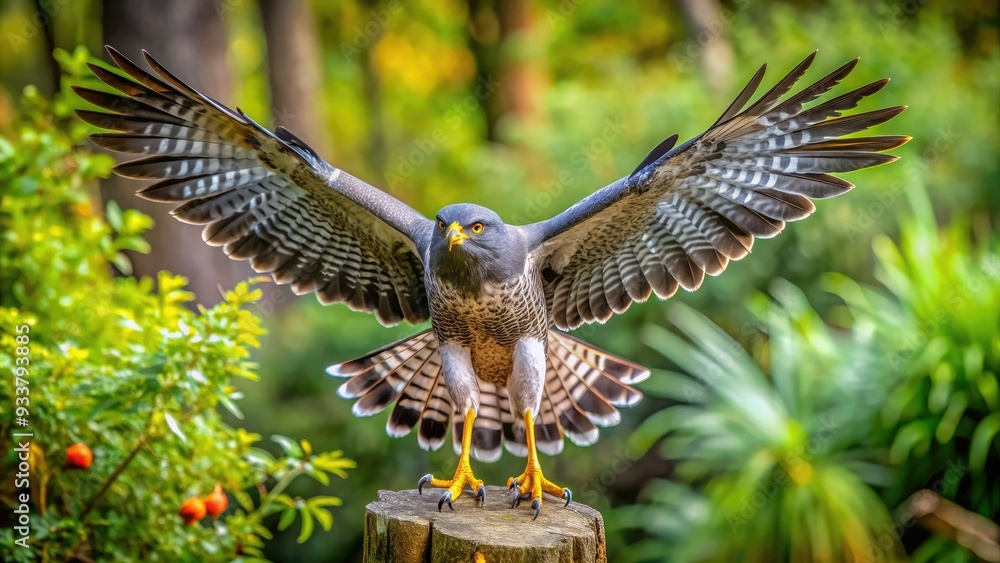 A majestic dusky hawk spreads its wings, talons extended, during ...