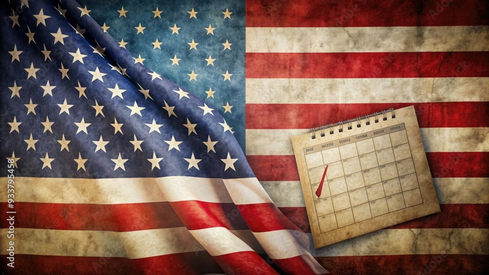 American flag and calendar marking election day, symbolizing democracy ...