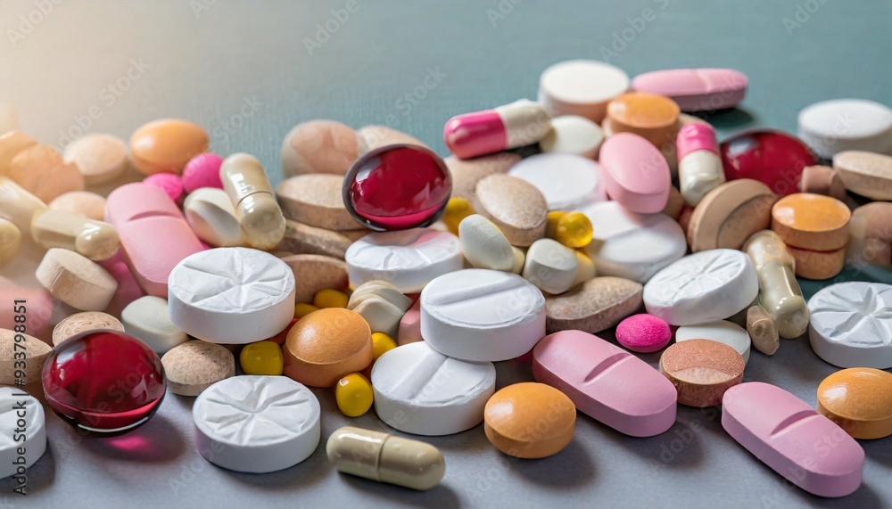 Pharmaceutical industry. tablets, pills, capsules of different shapes ...