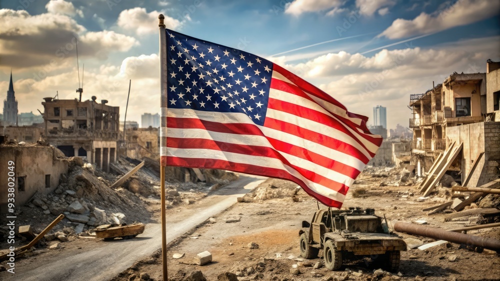 tattered American flag waving proudly in the wind, backdrop of military ...