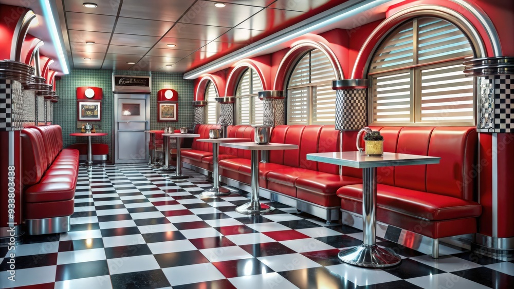 Classic American diner interior with retro red booths, chrome accents ...