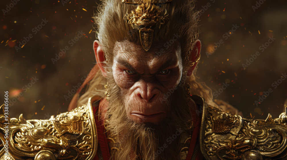 A dark, realistic, and epic poster design featuring a stoic monkey ...