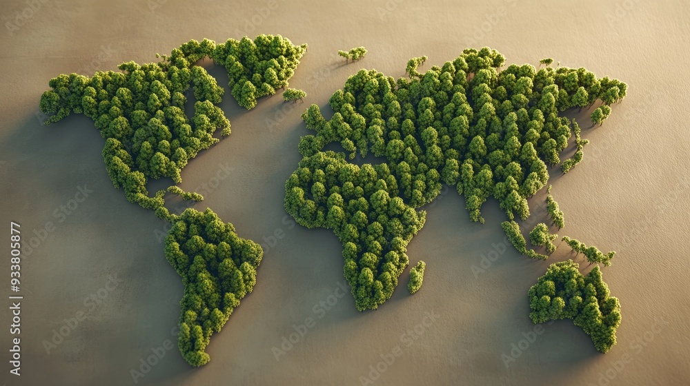 Earth map with continents formed by dense trees, set against a neutral ...