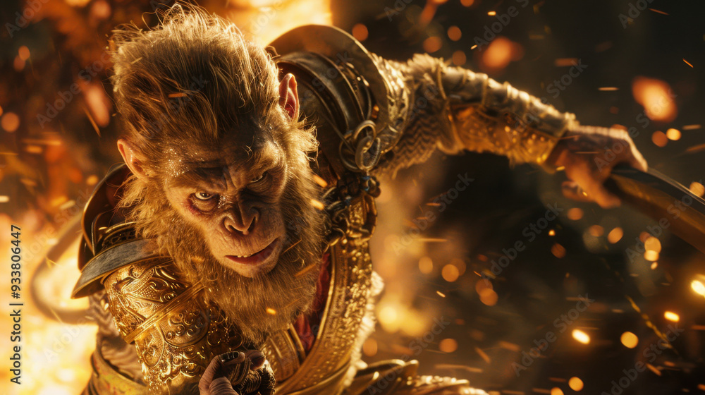 A dark, realistic, and epic poster design featuring a stoic monkey ...