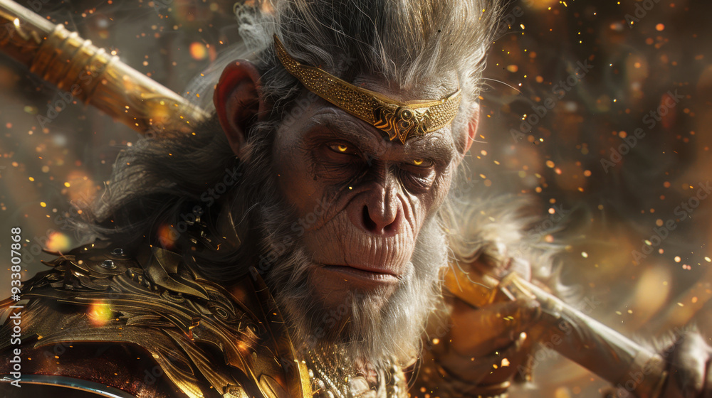 A dark, realistic, and epic poster design featuring a stoic monkey ...