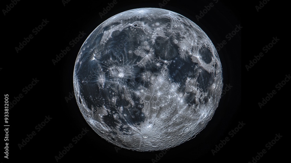 Isolated full moon with craters and surface details, set against a dark ...