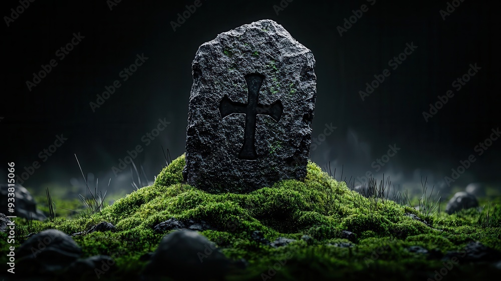 Cracked cemetery stone with faint glowing runes, moss-covered texture ...