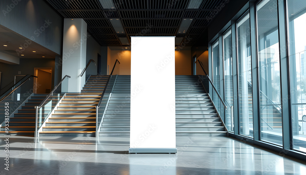 White roll-up banner template standing in lobby next to stairs. Blank ...