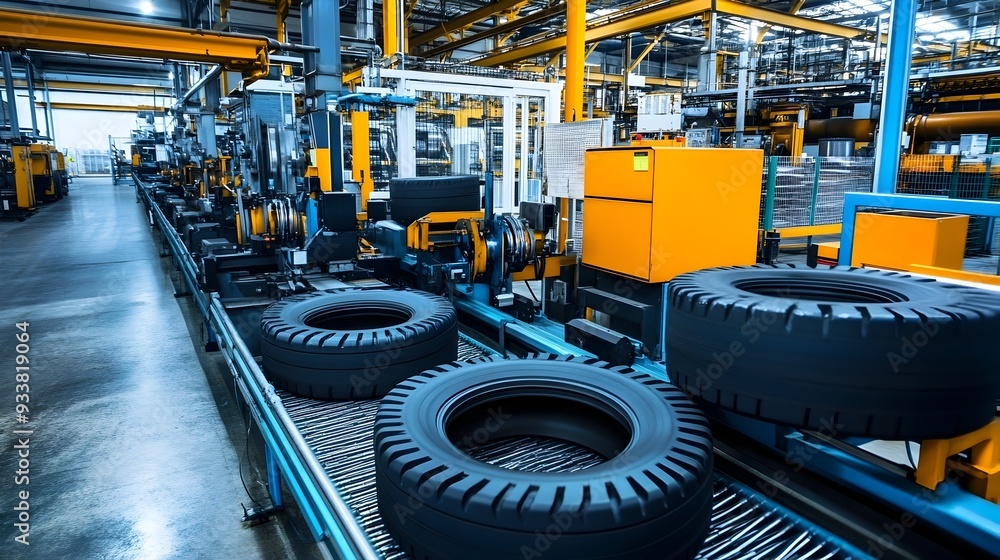 A modern industrial rubber manufacturing facility with large machinery ...