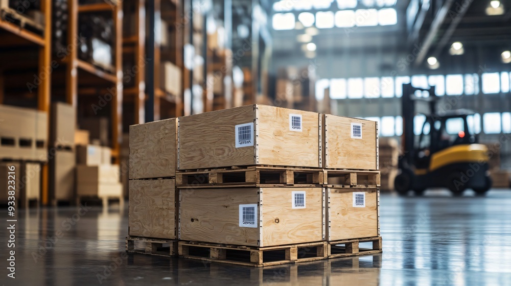 A stack of wooden crate boxes in an industrial warehouse, each marked ...