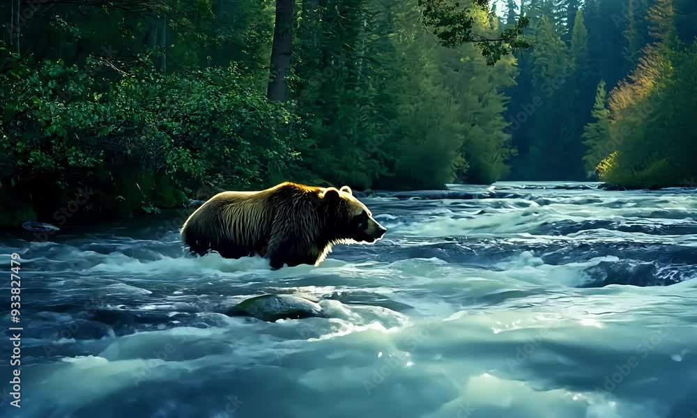 Grizzly in the Current: A majestic grizzly bear stands in a rushing ...