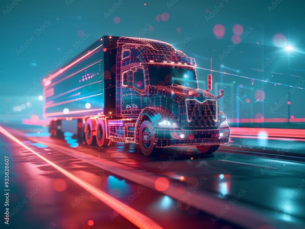 A modern truck with a digital overlay drives on a highway at night ...