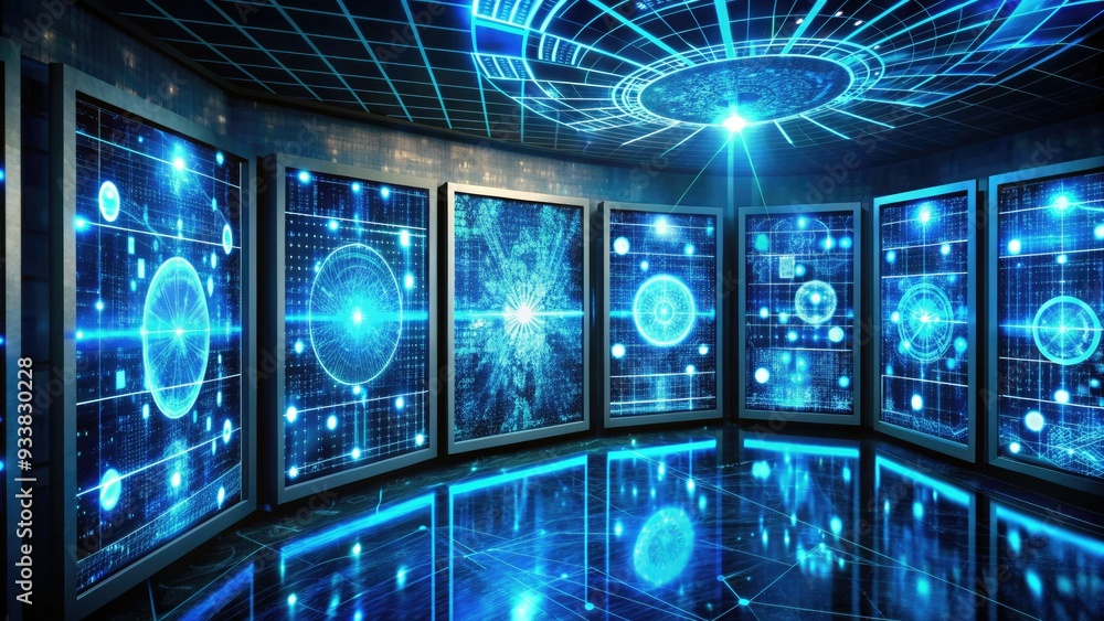 Binary code displays on futuristic screens surrounding a glowing blue ...
