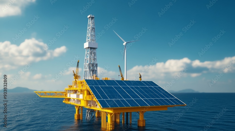 A vibrant offshore platform featuring solar panels, wind turbine, and ...