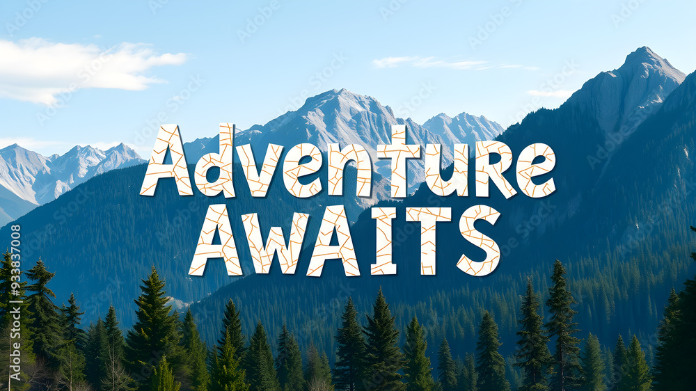 “Adventure Awaits” text in a fun, map-themed font over mountains and ...