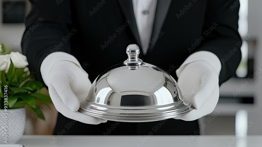 A hotel staff member in a tuxedo and gloves prepares to ring a service ...
