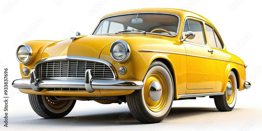 Classic retro car's vibrant yellow exterior showcases circular ...