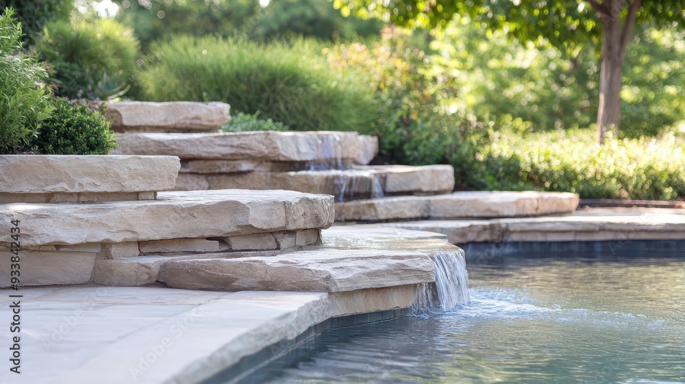 Lush garden with tiered terraces and water features, showcasing ...