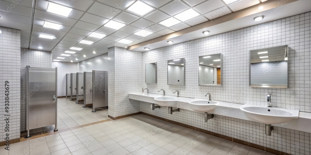 Public restroom interior with white tiled walls, stainless steel ...
