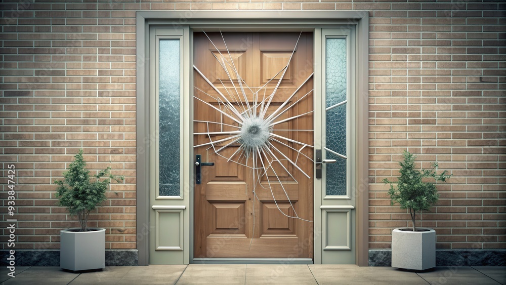 Shattered glass front door with cracks and shards , broken, damaged ...
